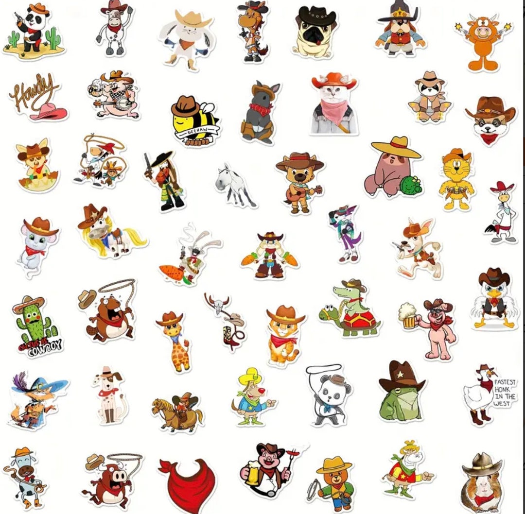 50pcs Stickers Western Cowboy Funny Dog Cat Stickers, Cartoon Animal ...
