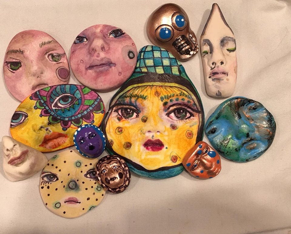 Handmade Clay Face Gold Grumpy Sad Head Buddha Mosaic Tile Woman Lady ...