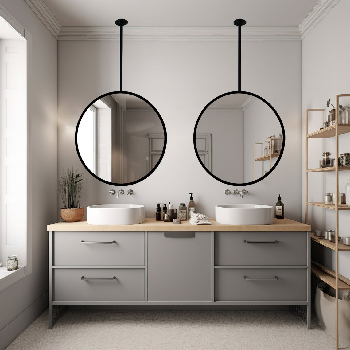 Ceiling-mounted Round Bathroom Mirror, Ceiling Suspended Circular Mirror, Make-up Mirror, Metal ...