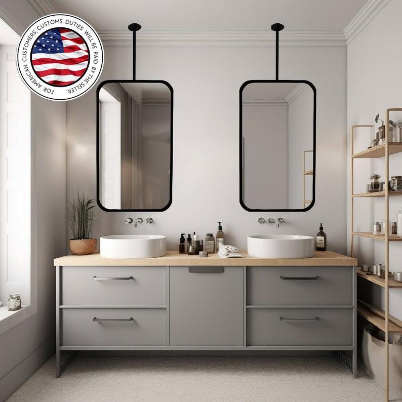 Ceiling Mount Bathroom Mirror: Curved Rectangular Metal Frame ...