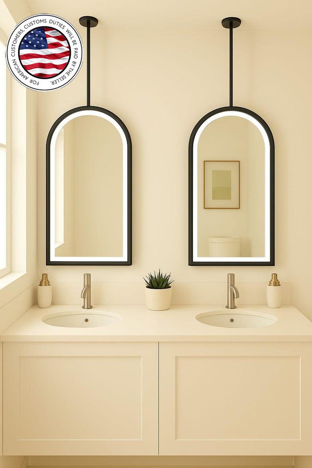 Ceiling Mounted Arched LED Mirror, Hanging Metal Framed Bathroom Mirror ...