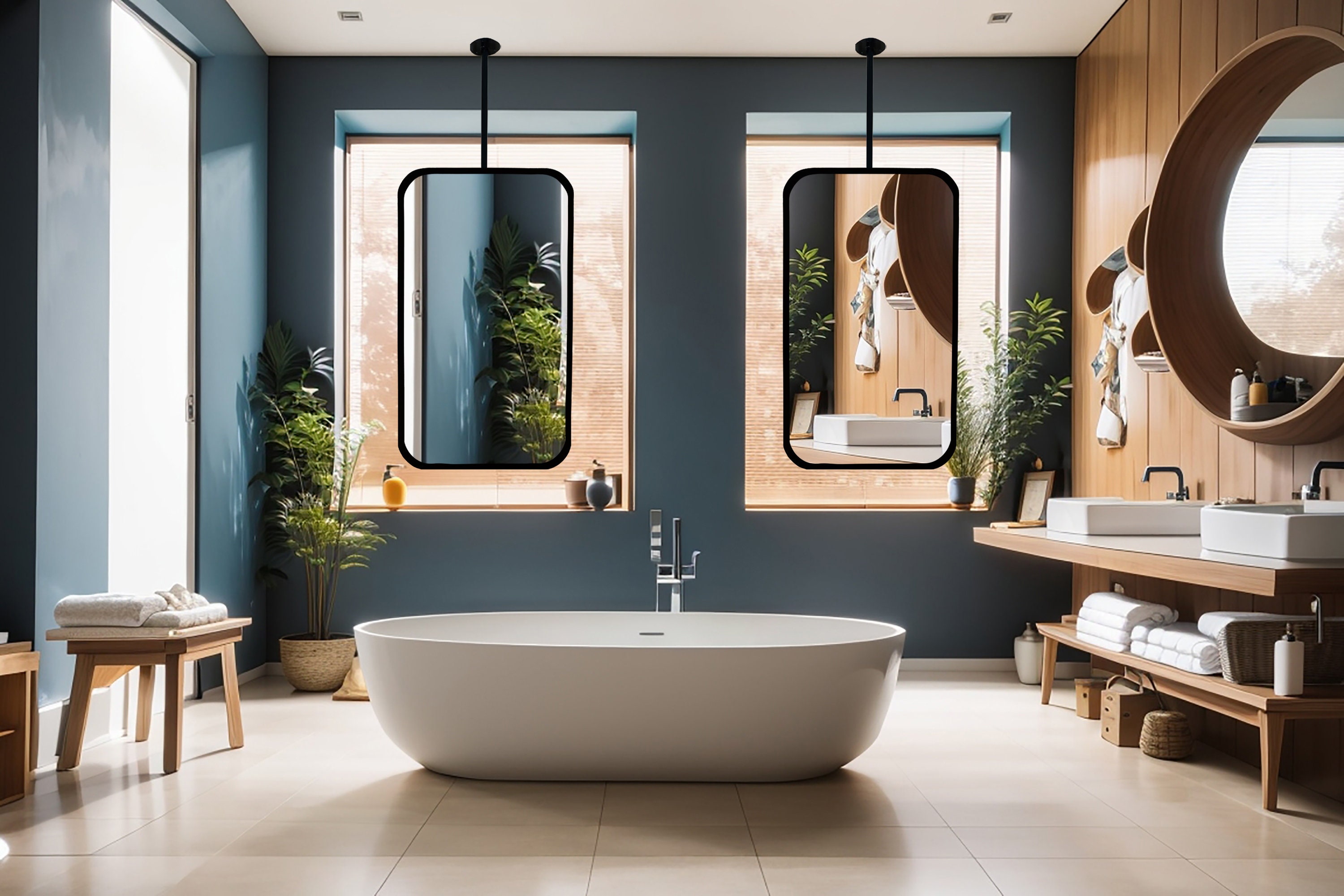 Ceiling Mount Bathroom Mirror: Curved Rectangular Metal Frame ...