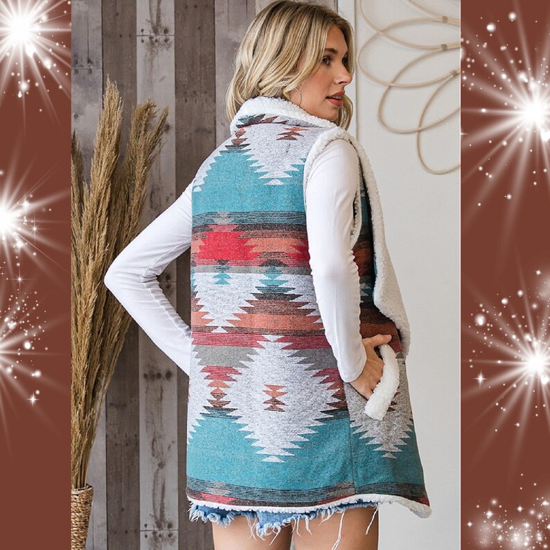Sherpa Lined Turquoise and Rust Aztec Vest - Etsy