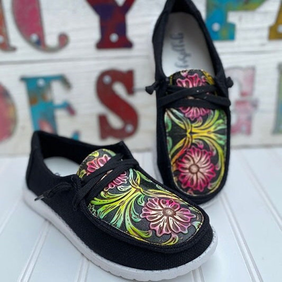 Gypsy Jazz Black Tulip Slip on Sneaker Shoes With Tooling - Etsy