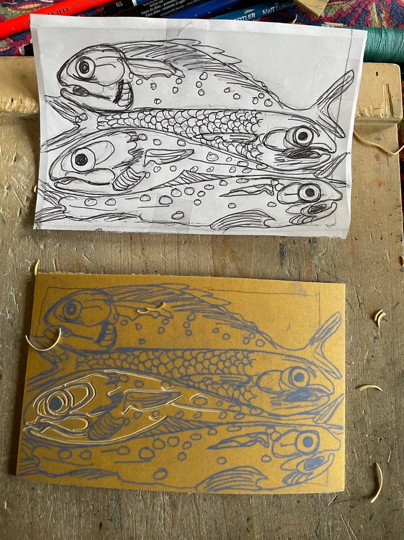 Four Fishes - Original Linocut - Etsy