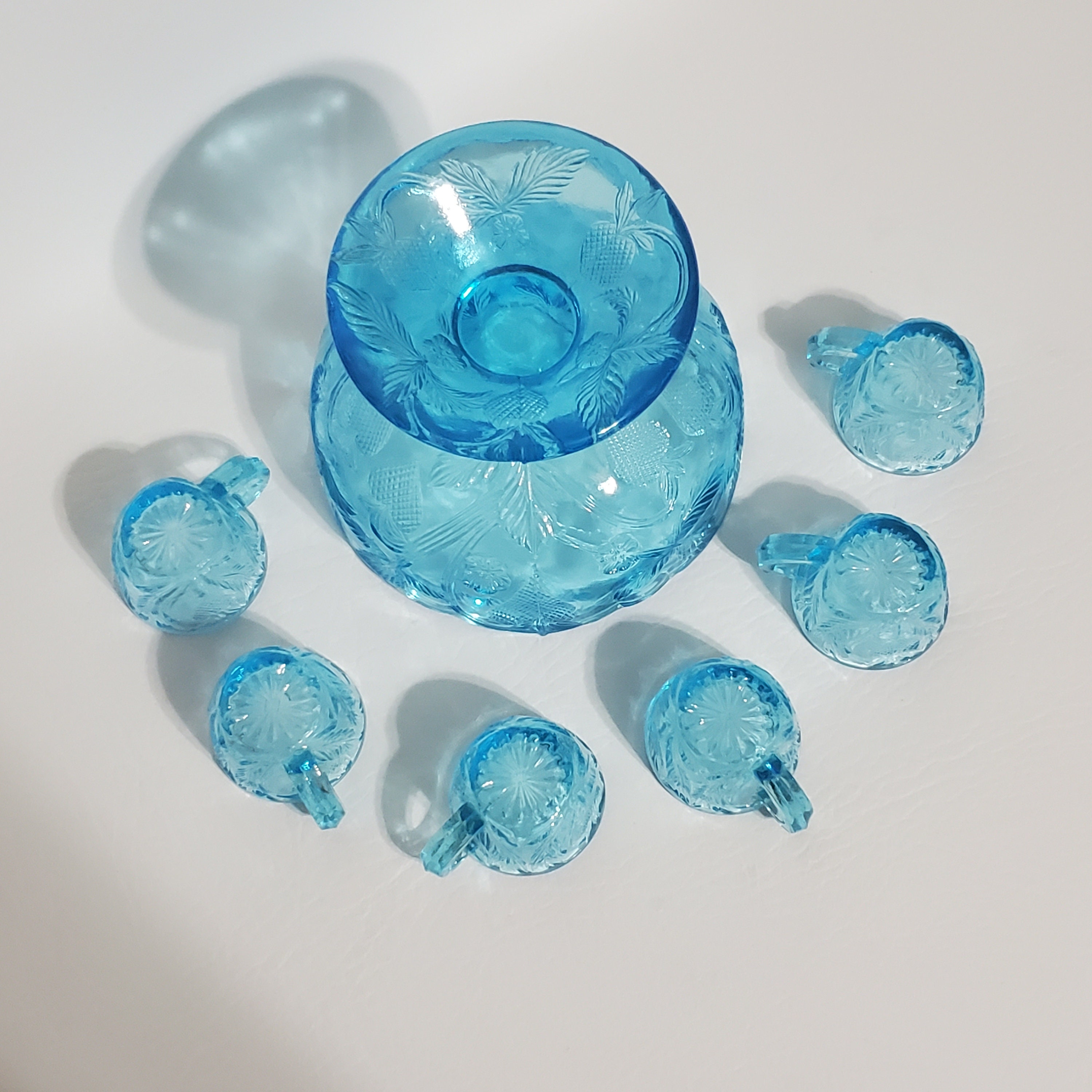 Mosser Blue Glass Mini Punch Bowl Cup Set Strawberries Vintage Doll ...