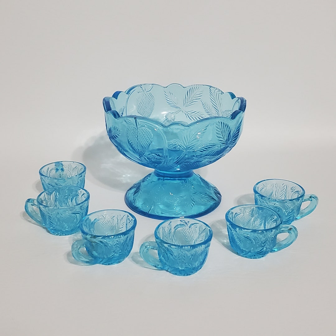 Mosser Blue Glass Mini Punch Bowl Cup Set Strawberries Vintage Doll ...