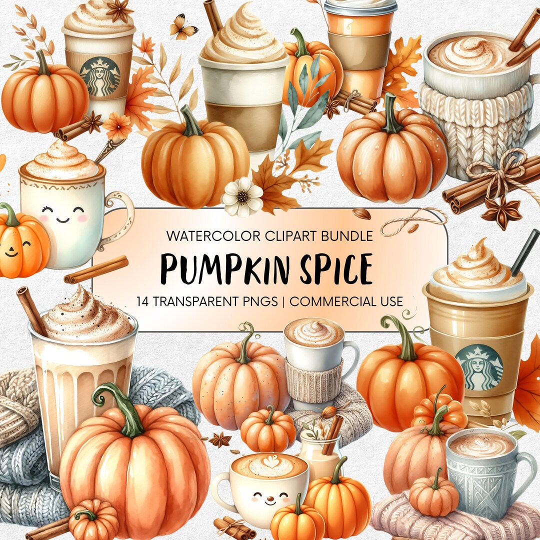 Watercolor Pumpkin Spice Latte Clipart for Comercial Use, Cozy Autumn ...