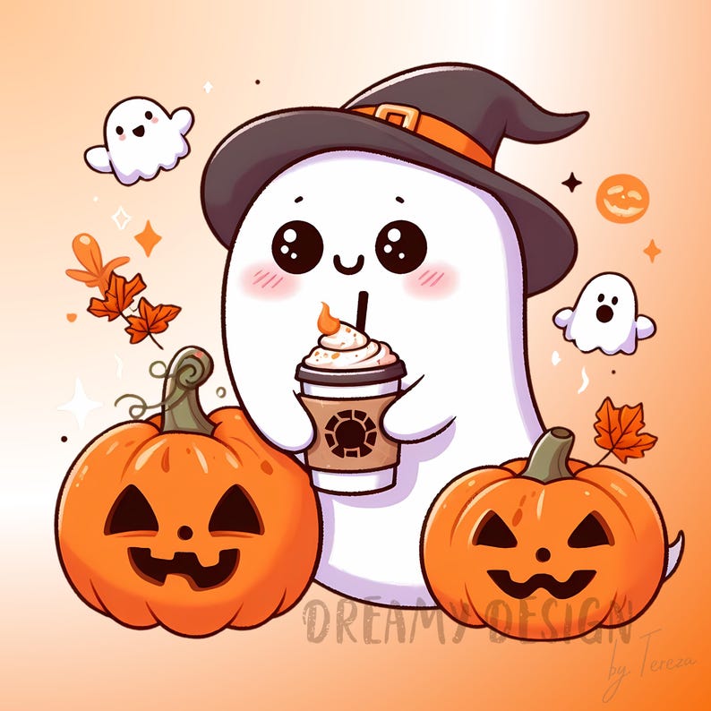 Cute Ghost Png, Halloween Png, Ghost With Pumpkin Latte, Autumn Fall ...