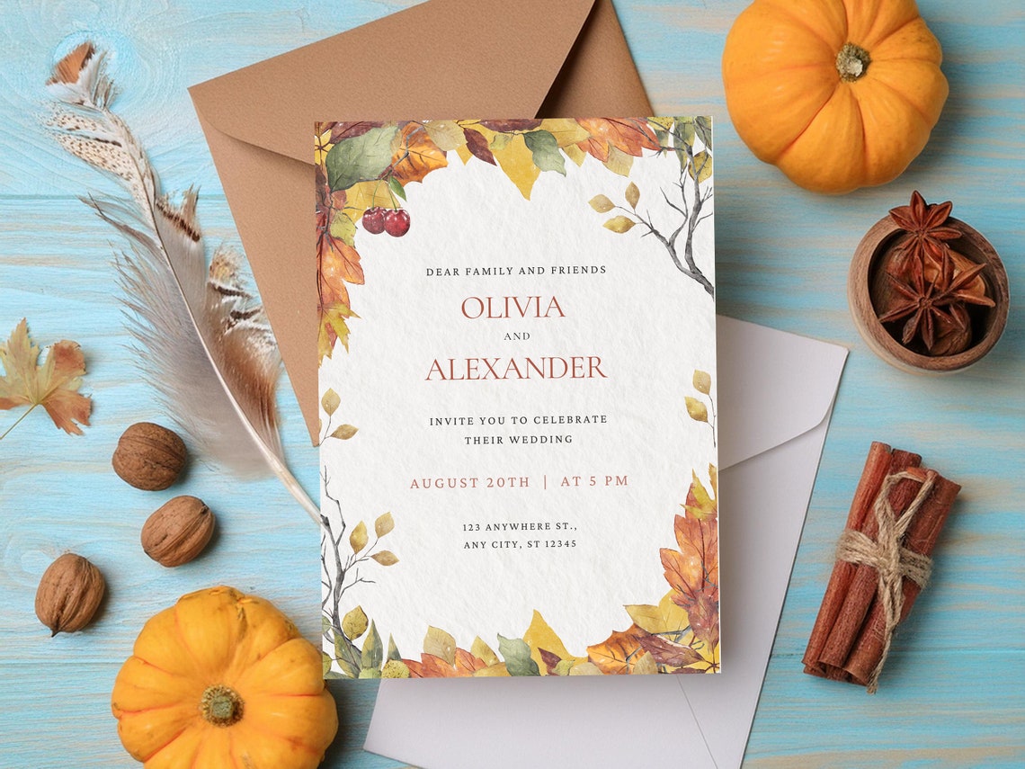 Autumn Wedding Invitation Template, Printable Wedding Invitation, Fall ...