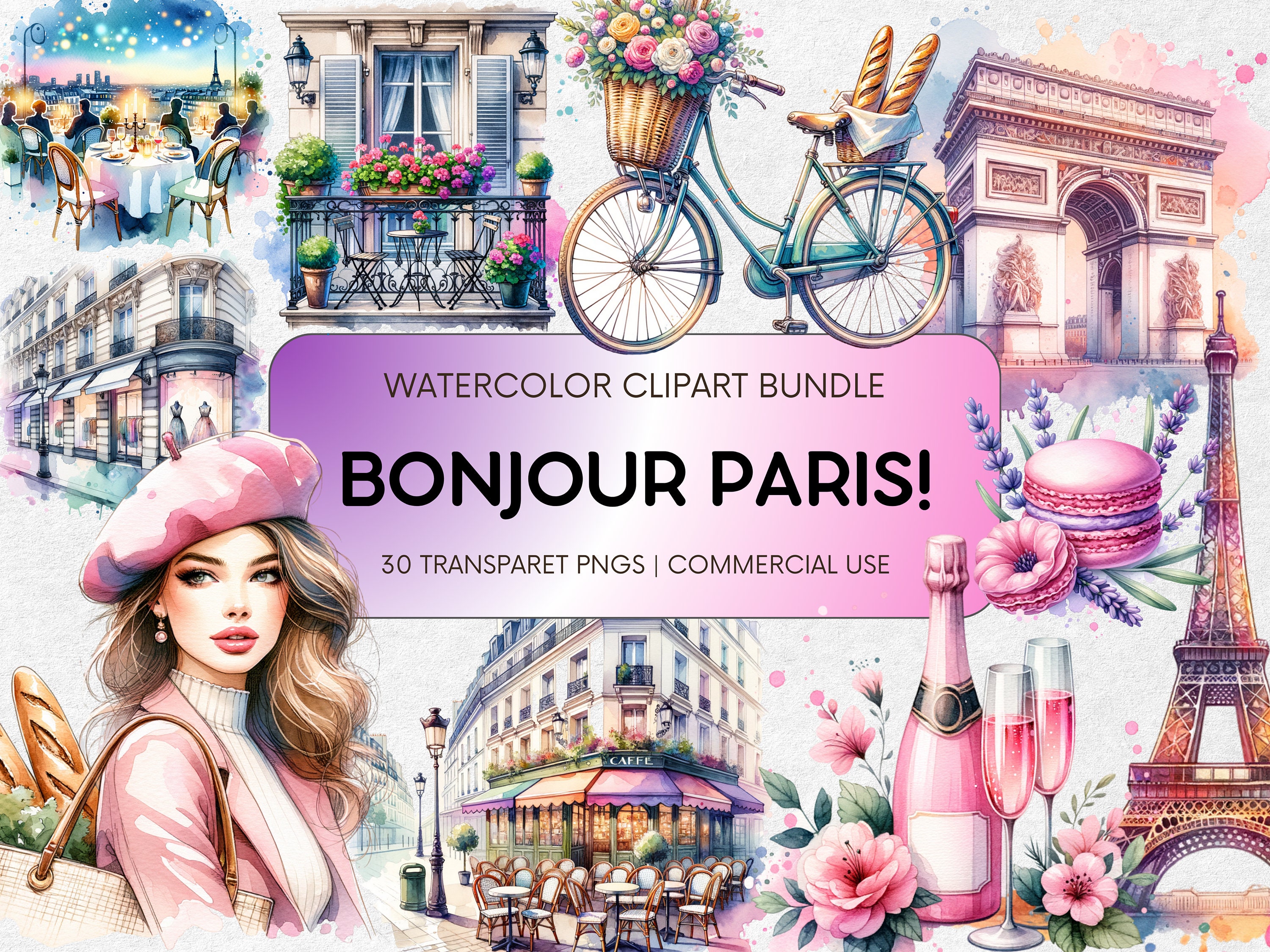 Watercolor Paris Clipart Bundle, Clipart for Commercial Use, France ...