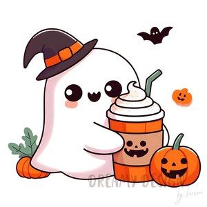 Cute Ghost Png, Halloween Png, Ghost With Pumpkin Latte, Autumn Fall ...