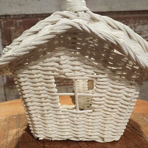 Small White Decorative Basket - House Scene With Wooden Flower on Front ...