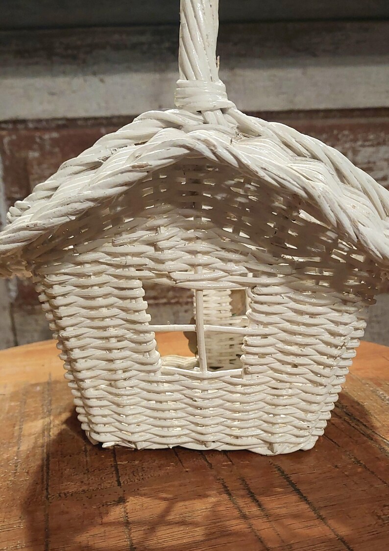 Small White Decorative Basket - House Scene With Wooden Flower on Front ...