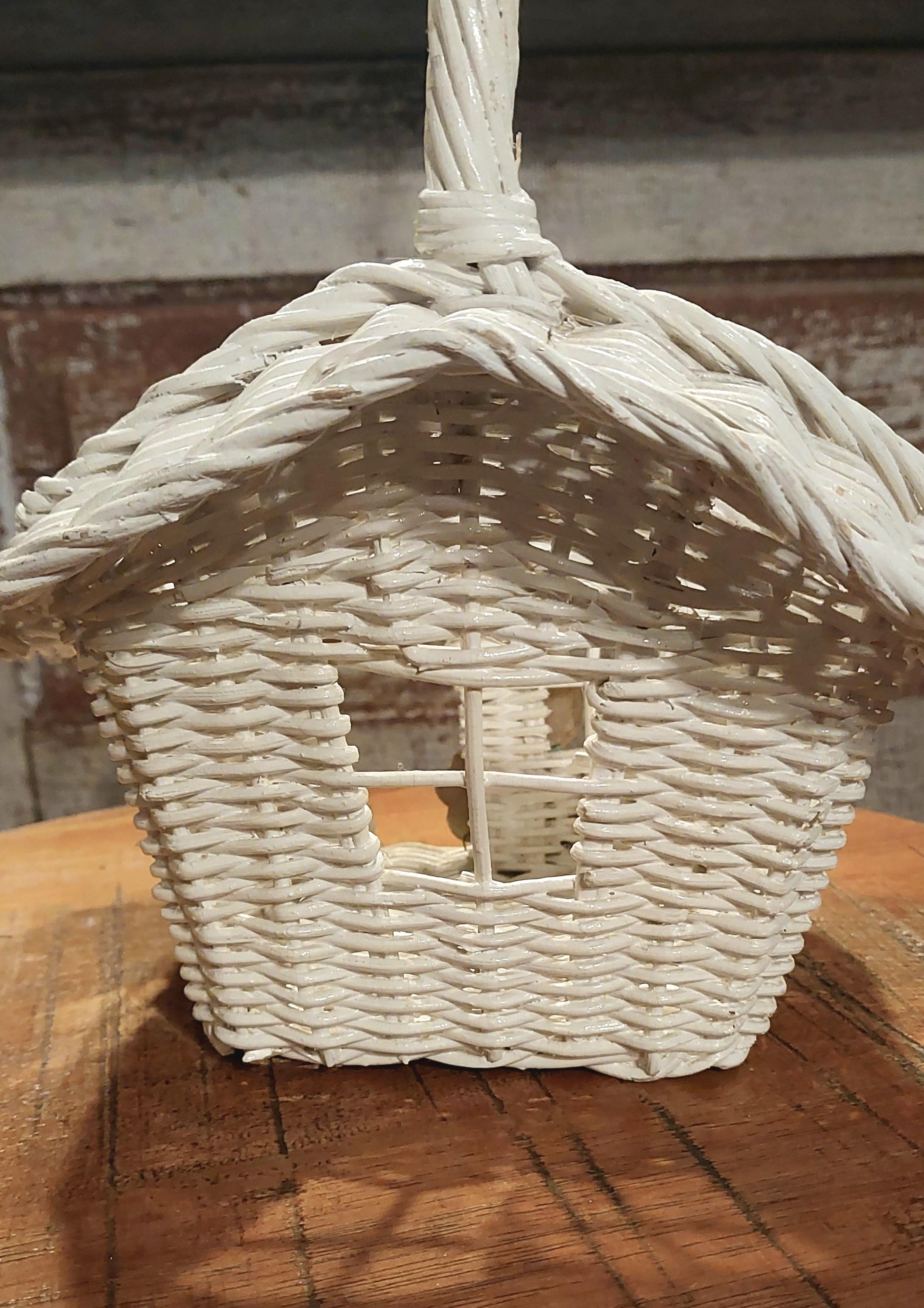 Small White Decorative Basket - House Scene With Wooden Flower on Front ...