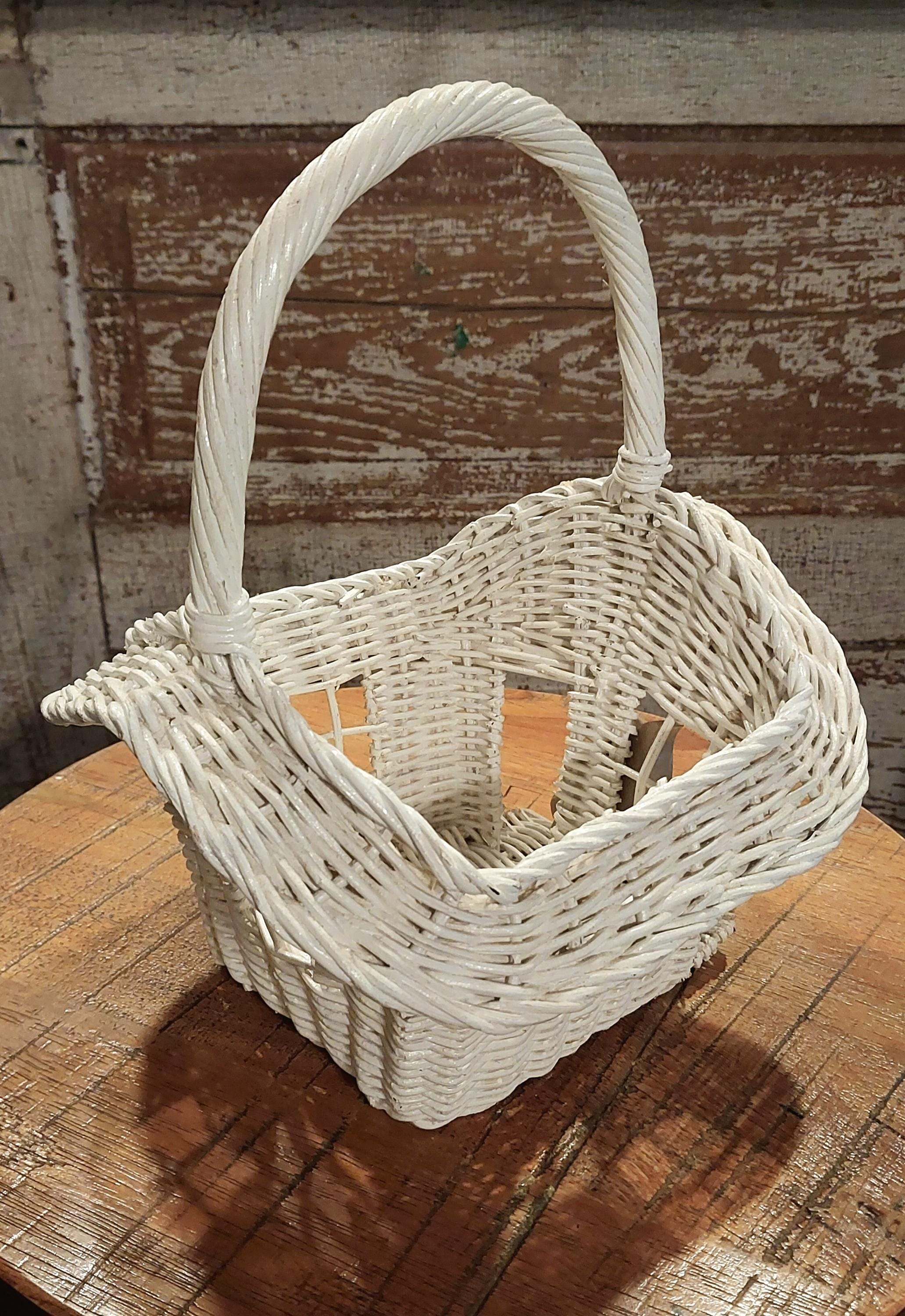 Small White Decorative Basket - House Scene With Wooden Flower on Front ...