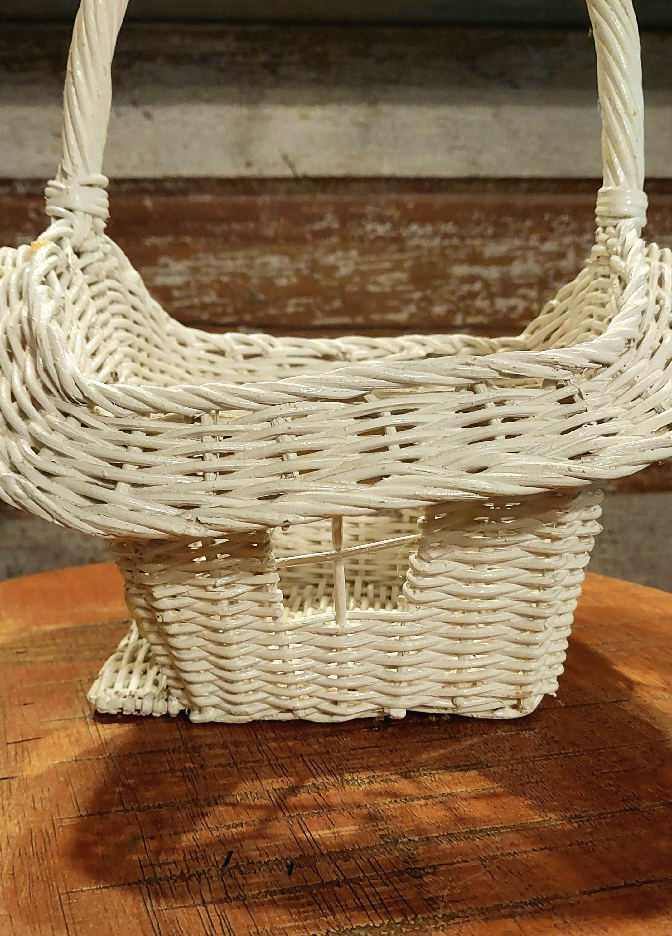 Small White Decorative Basket - House Scene With Wooden Flower on Front ...