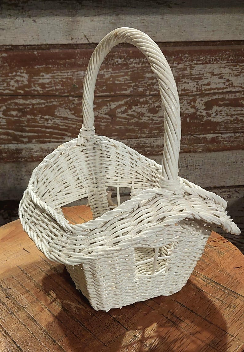 Small White Decorative Basket - House Scene With Wooden Flower on Front ...