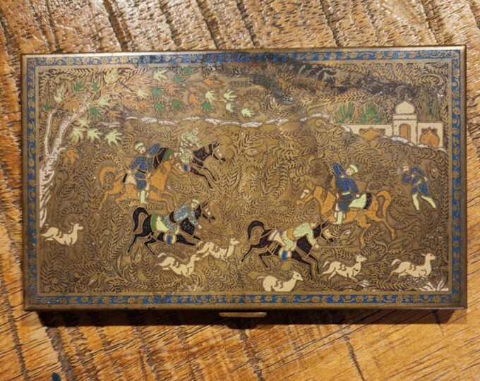 1950's Volupte Enamel Cigarette Compact Holder, Brass, Hunters on ...