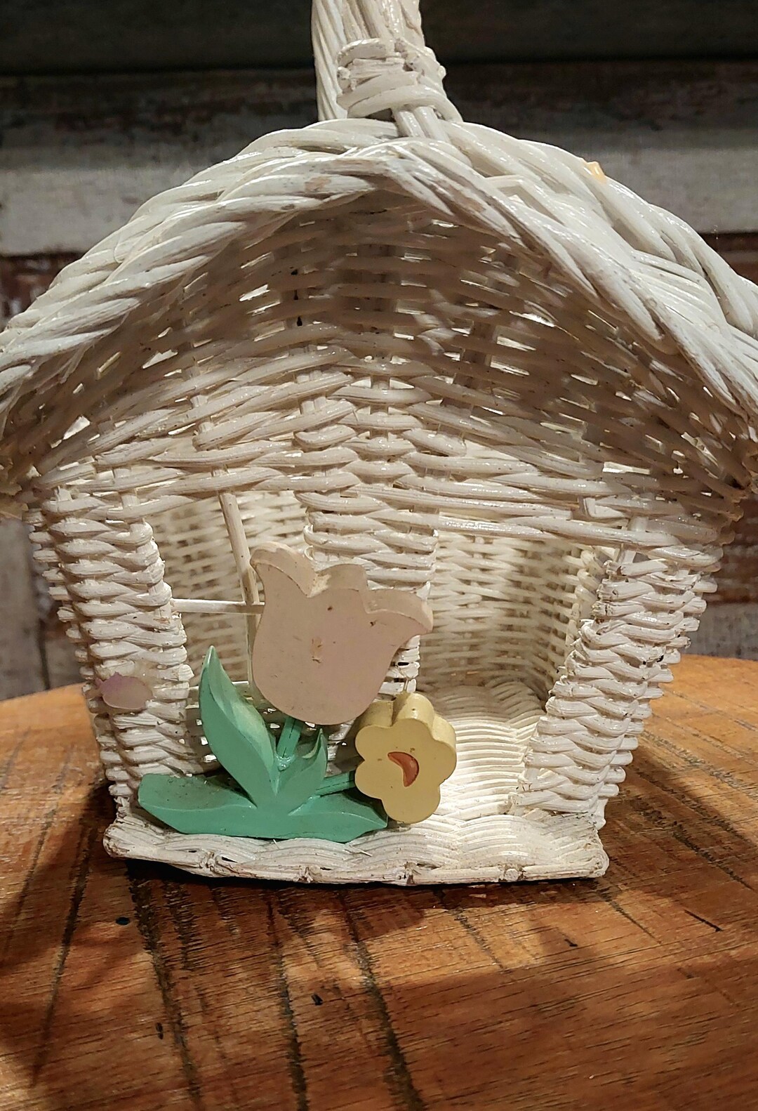 Small White Decorative Basket - House Scene With Wooden Flower on Front ...