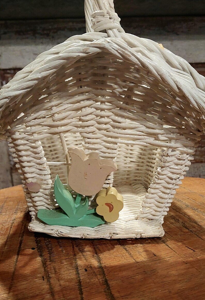 Small White Decorative Basket - House Scene With Wooden Flower on Front ...