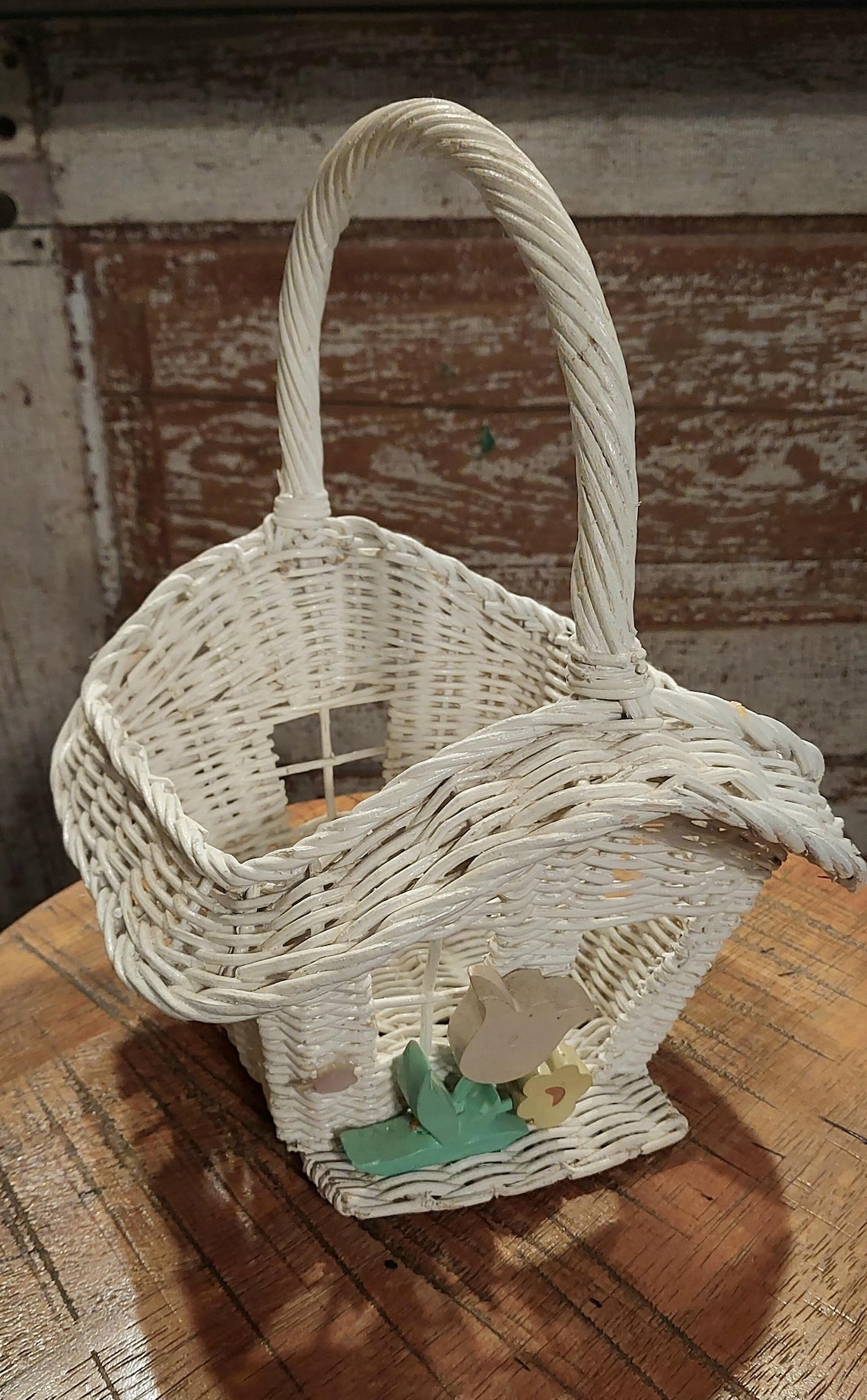 Small White Decorative Basket - House Scene With Wooden Flower on Front ...