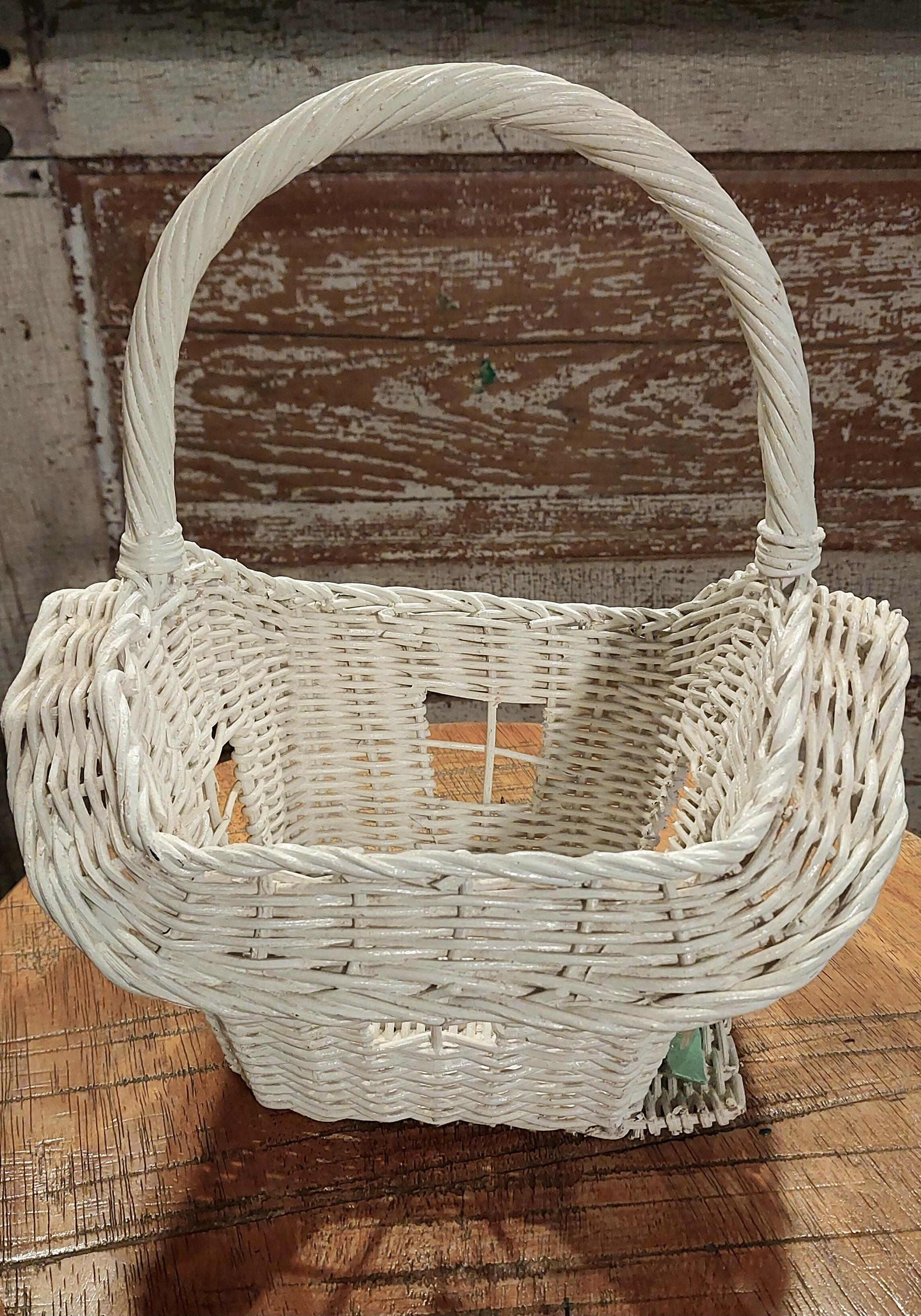 Small White Decorative Basket - House Scene With Wooden Flower on Front ...