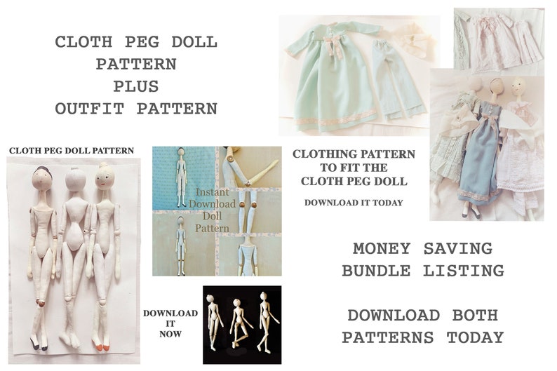 Cloth Peg Doll Sewing Pattern Bundle: Bead Jointed Doll & Outfit ...