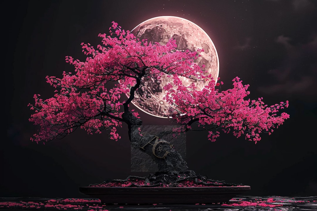 DIGITAL DOWNLOAD Sakura Cherry Blossom Art Bonsai Tree Under Full Moon ...