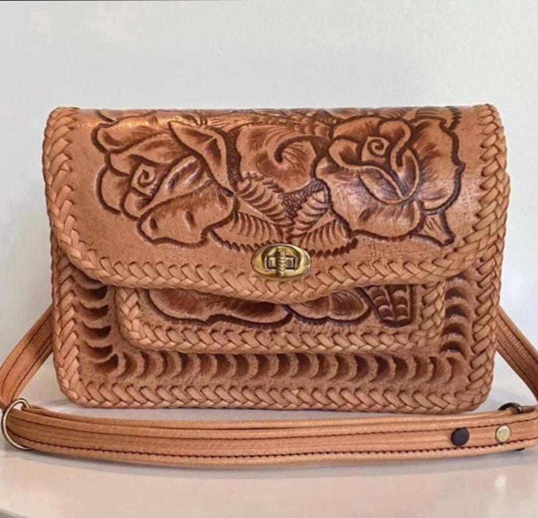 Vintage Mexico Hand Tooled Floral Leather Purse 10” Tan Southwestern ...