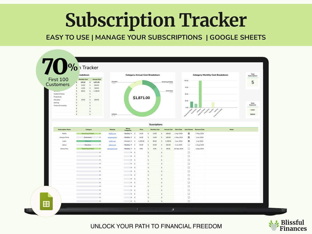 Subscription Tracker Spreadsheet for Google Sheets, Monthly ...
