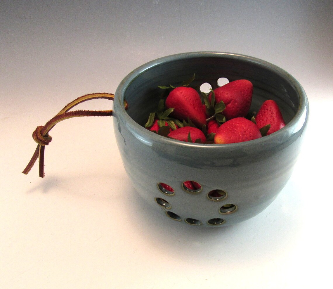 Handmade Pottery Berry Bowl: Fruit Colander With Leather Handle - Etsy