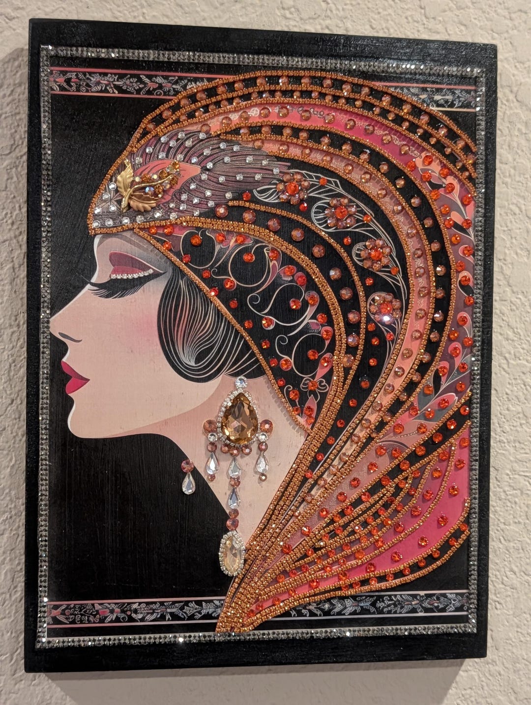 Art Deco Flapper Girl Print on Wood Plaque With Rhinestones & Crystals ...