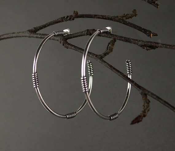 Large Sterling Silver Hoops. Big Silver Earrings. Tribal | Etsy