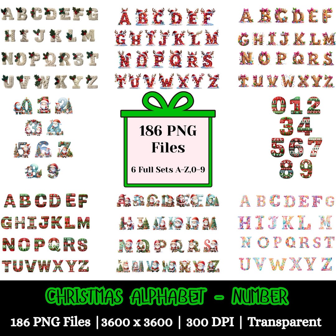 Christmas Alphabet & Numbers PNG Bundle, 186 PNG Files, Holiday A-Z and ...