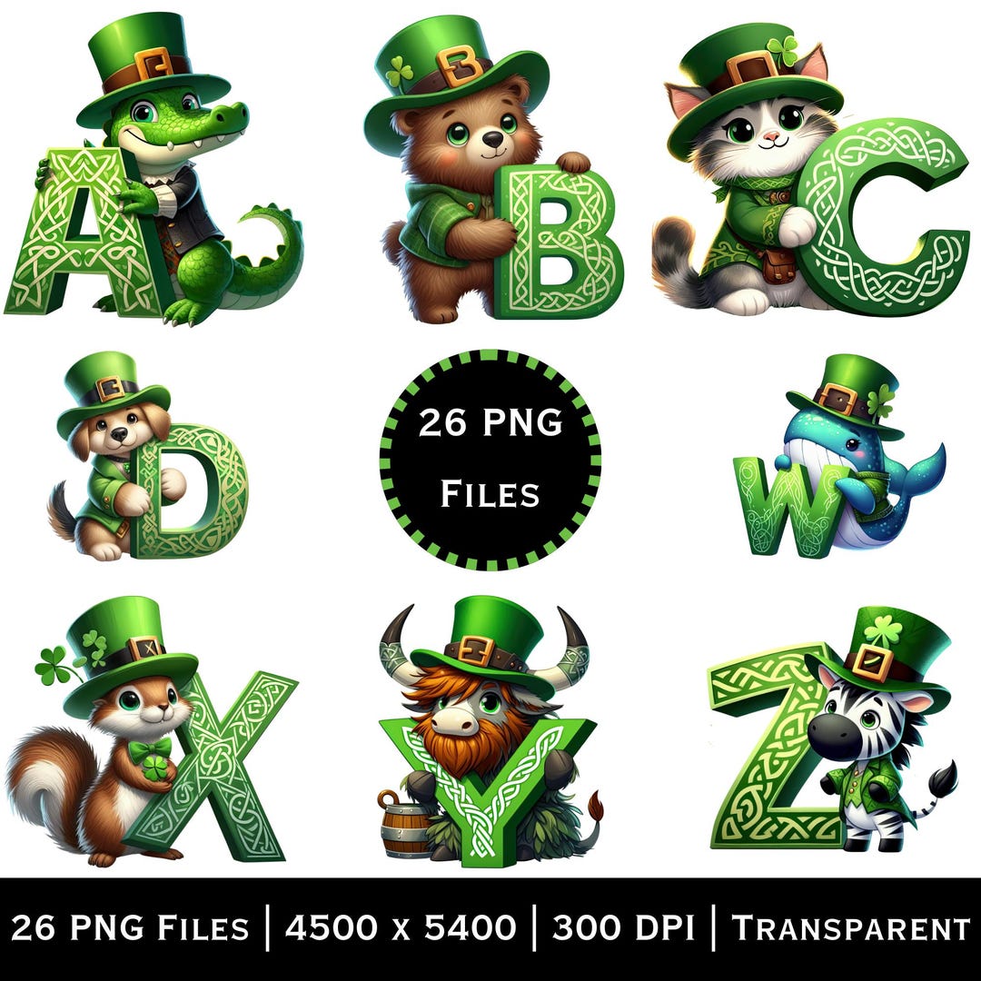 St Patrick’s Day Animal Alphabet PNG A–Z | Shamrock Letters | Green ...