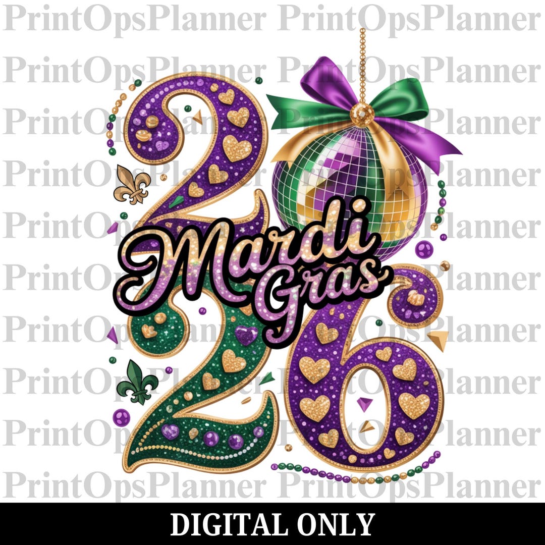Mardi Gras 2026 PNG | Glitter Carnival Numbers Digital Download for ...