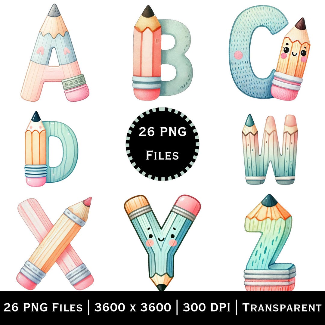 Pencil Alphabet A to Z PNG | Back to School Letters for Kids Classroom ...