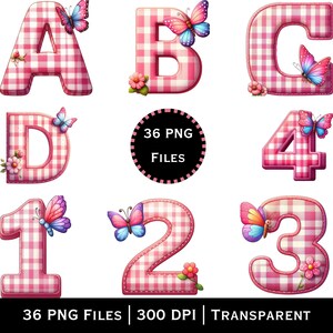 Pink Butterfly Gingham Alphabet & Numbers A - Z and 0 - 9 Spring Letter ...