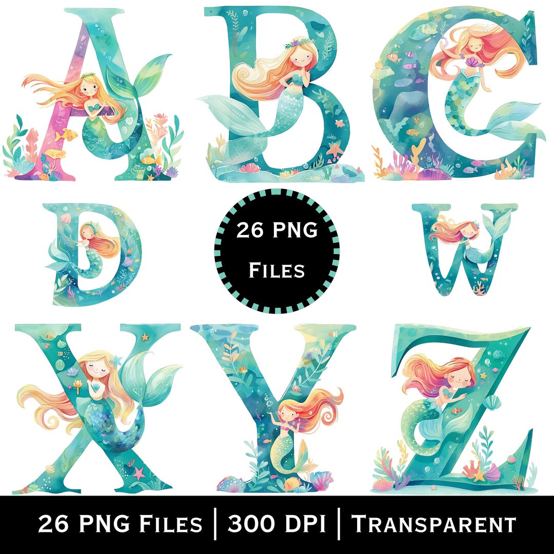 Fairytale Mermaid Alphabet A to Z PNG | Summer Ocean Princess Letters ...