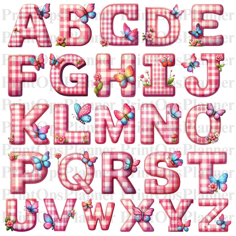 Pink Butterfly Gingham Alphabet & Numbers A - Z and 0 - 9 Spring Letter ...