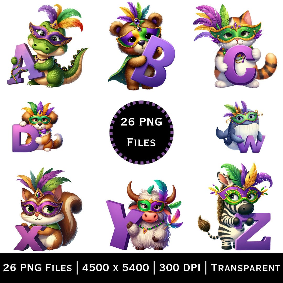 Masquerade Animal Alphabet Clipart A-Z | Fantasy Carnival Animal ...