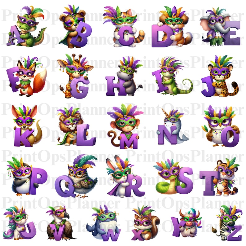 Masquerade Animal Alphabet Clipart A-Z | Fantasy Carnival Animal ...