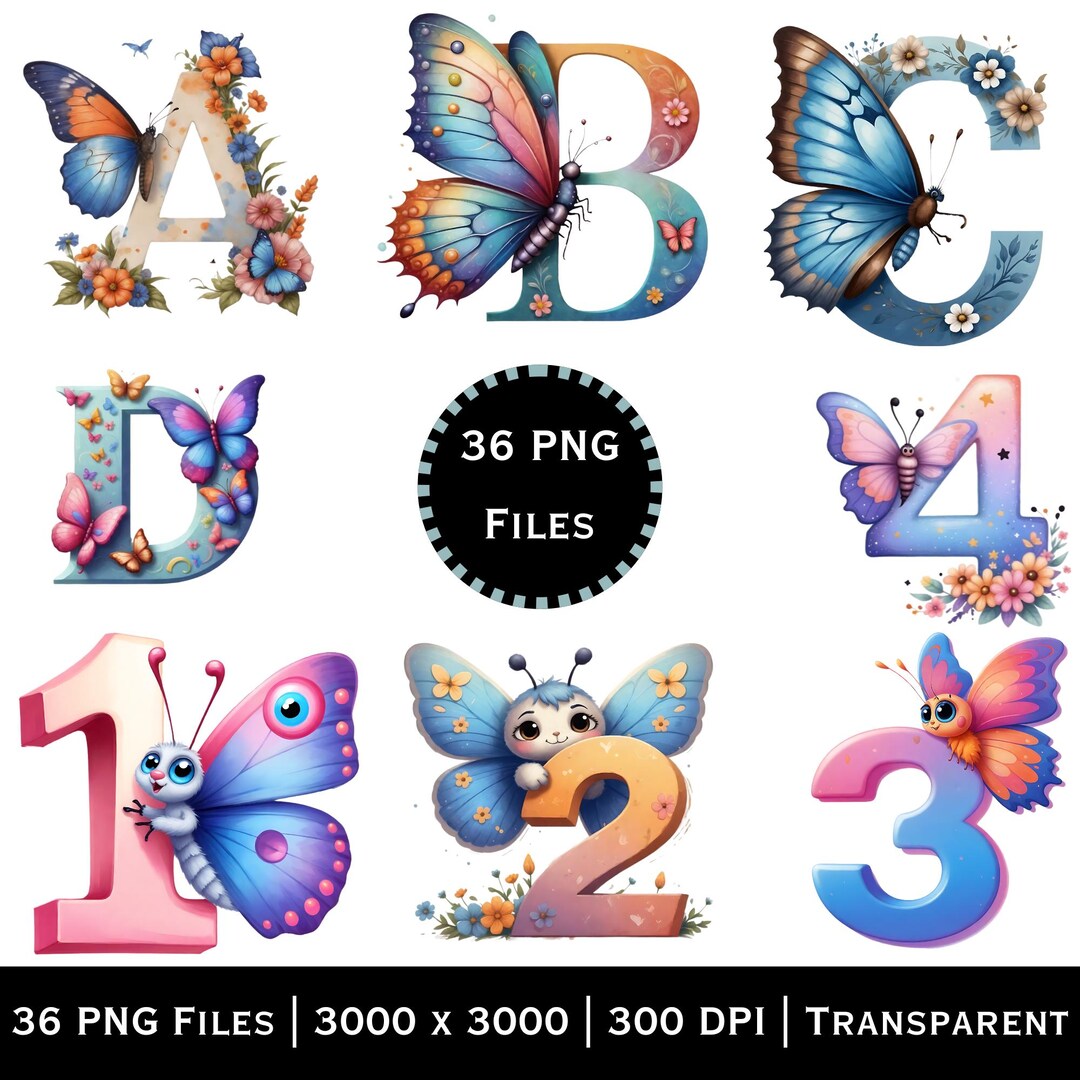 Magical Butterfly Floral Alphabet & Numbers A - Z and 0 - 9 Whimsical ...