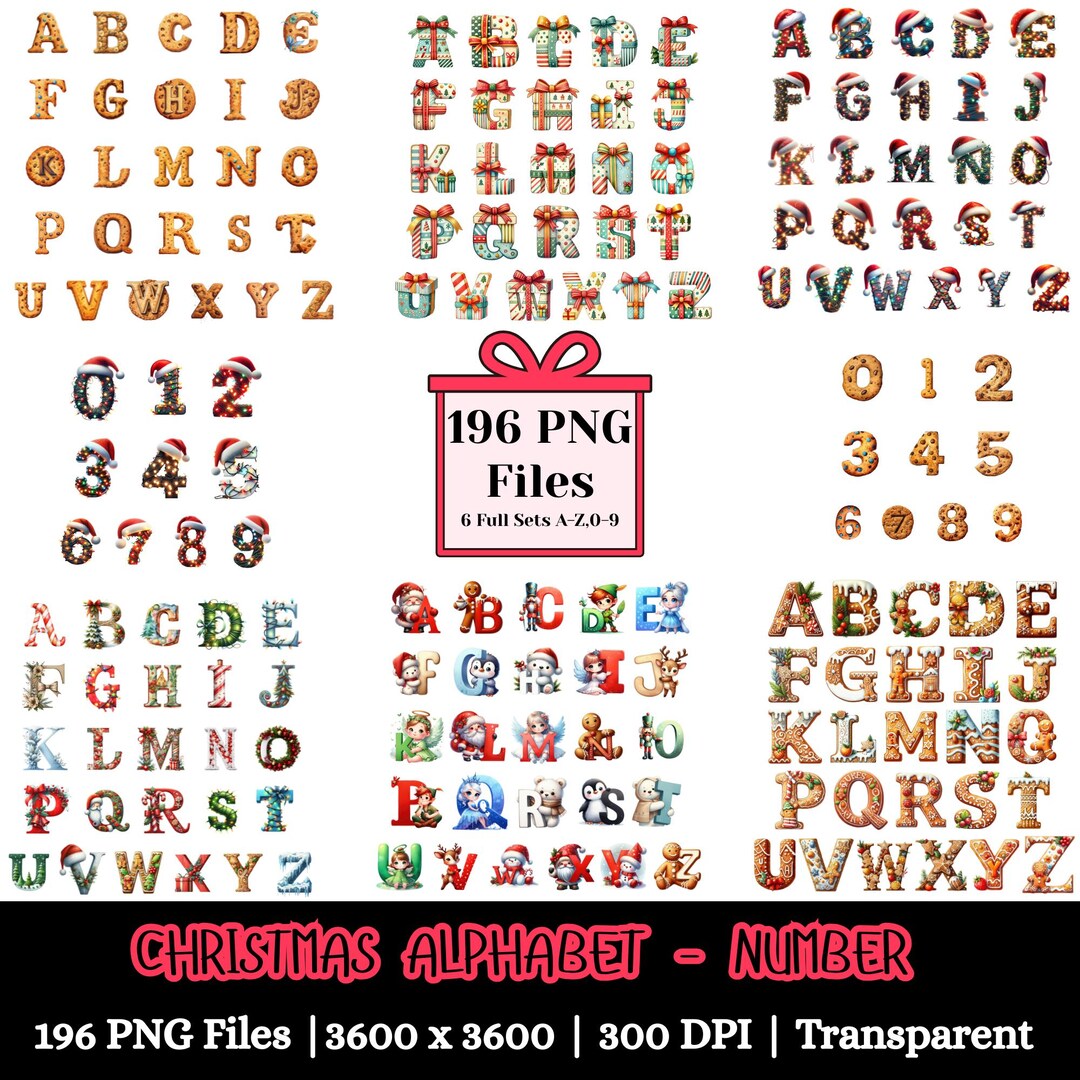 Christmas Alphabet & Numbers PNG Bundle, 196 PNG Files, Holiday Latter ...