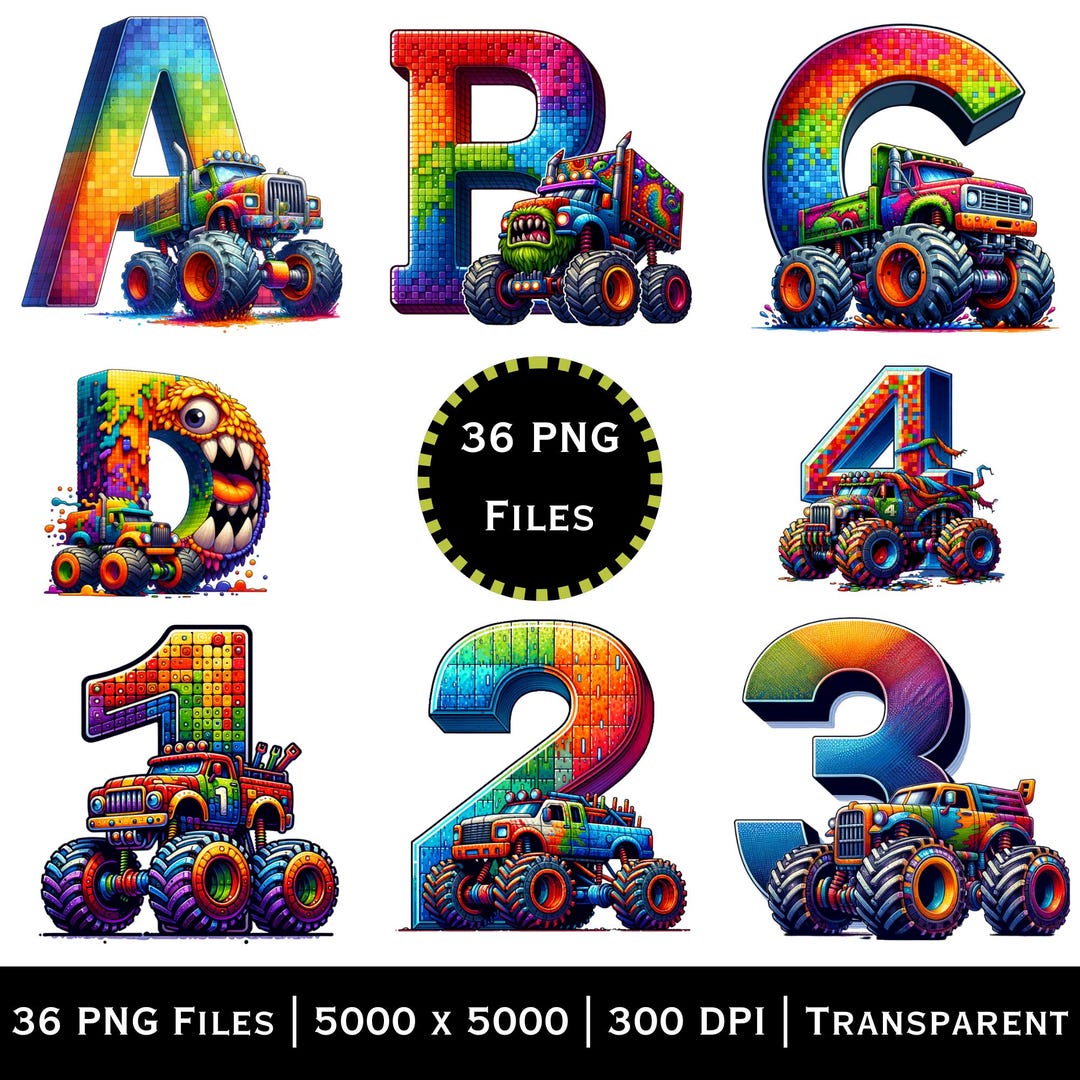 Rainbow Monster Truck Alphabet & Numbers A - Z and 0 - 9 Fun Monster ...