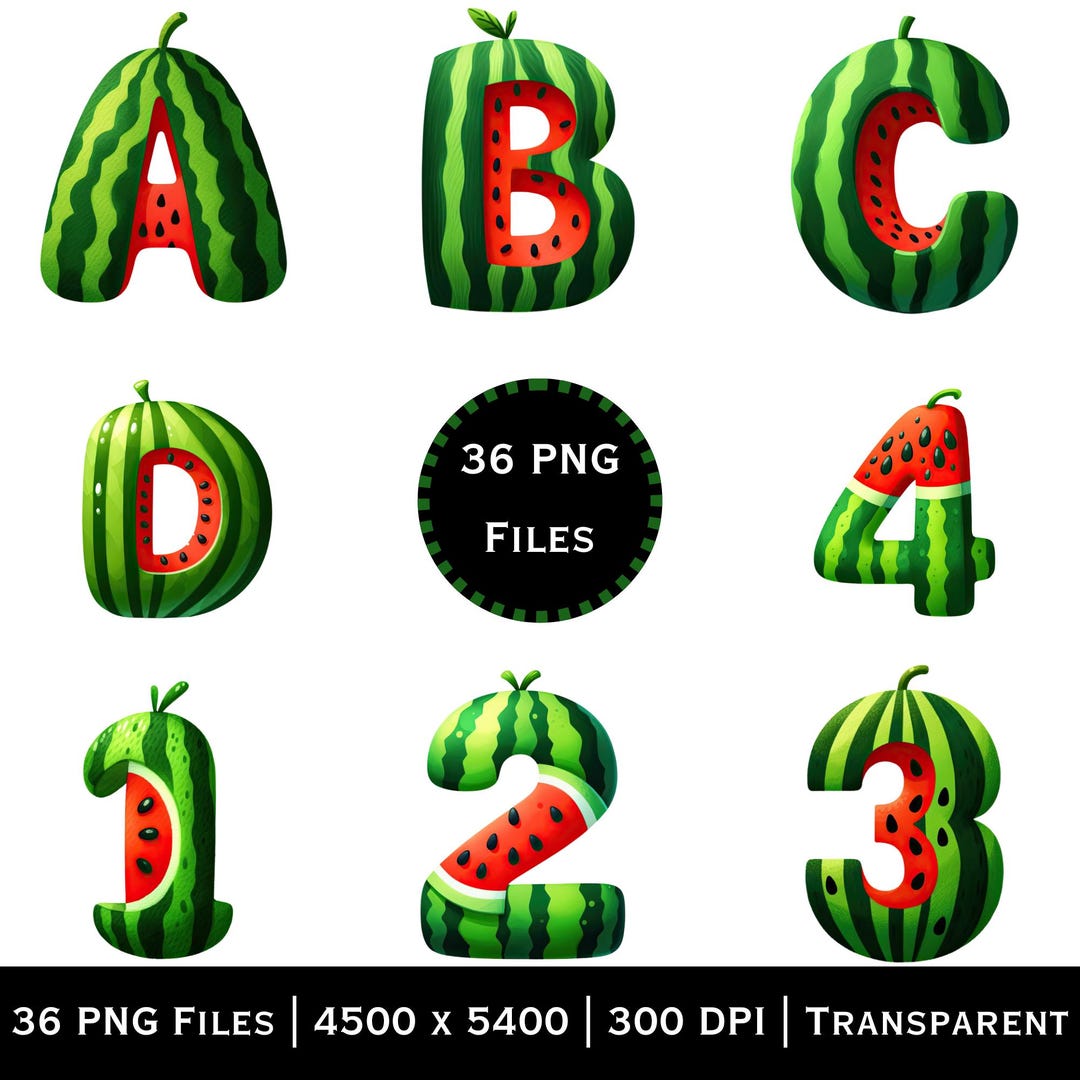 Alfabeto de sandía PNG A-Z con letras del 0 al 9 / Letras de frutas ...