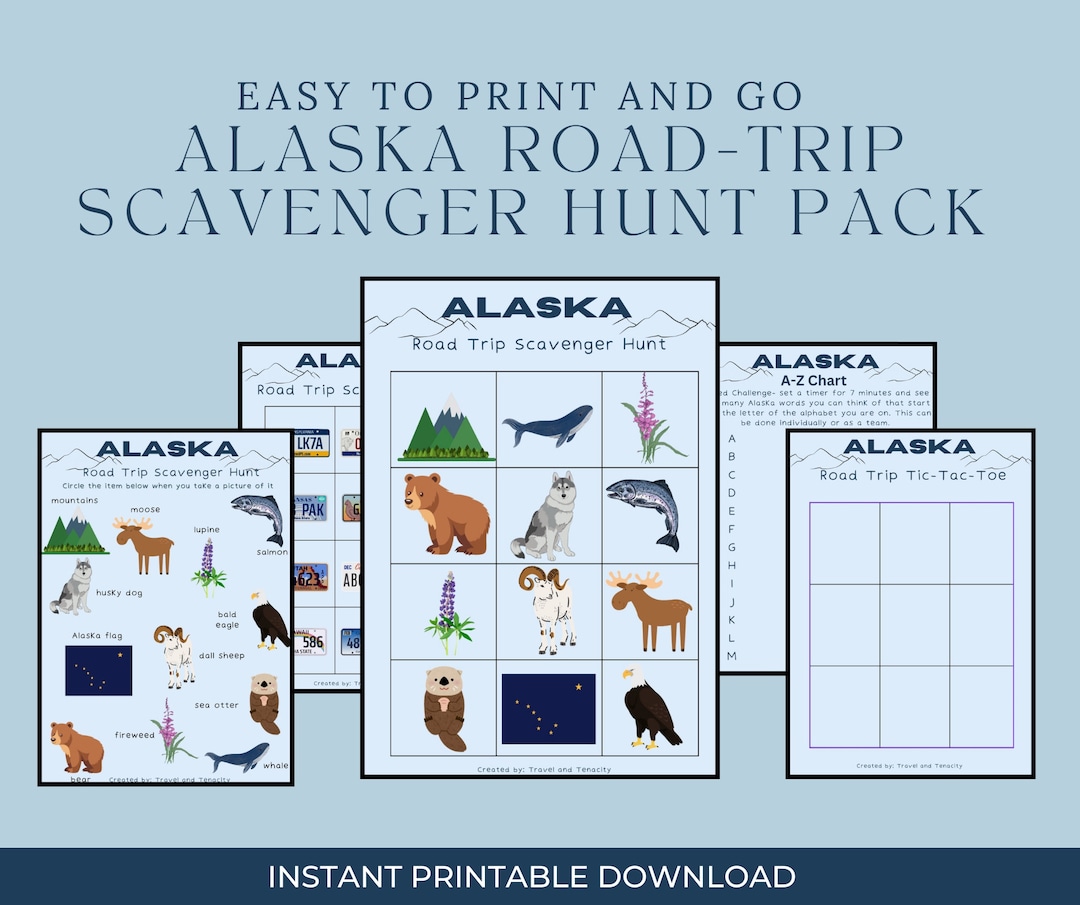 Alaska Road Trip Scavenger Hunt Pack, Kids Road Trip Games Printable ...