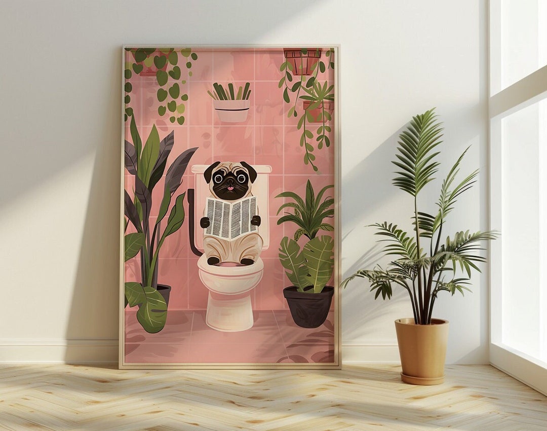 Bathroom Cute Dog Pug Reading Newspaper Print for Toilet Wall Art Print ...