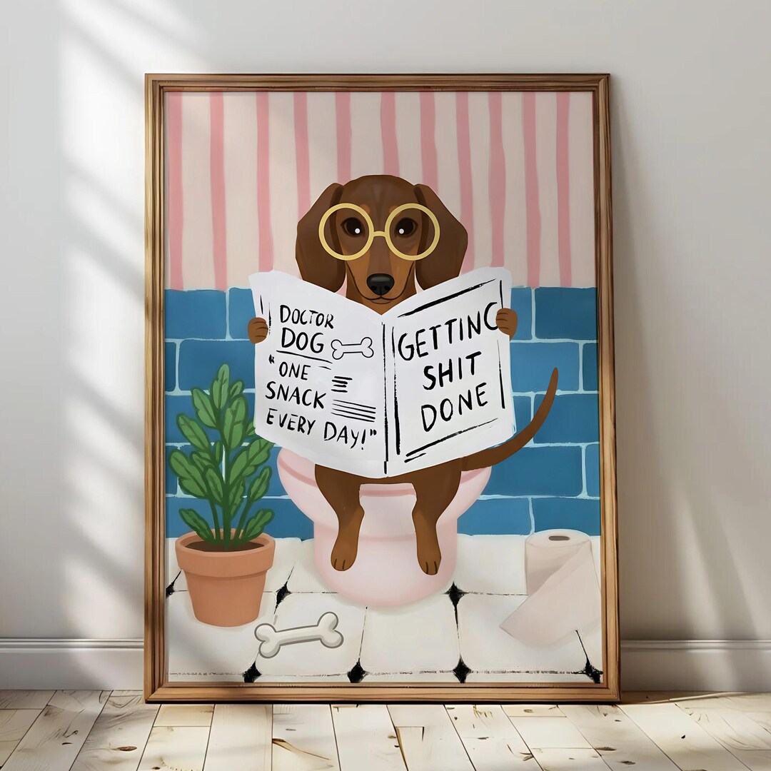 Bathroom Dachshund Reading Newspaper Print/ Funny Whimsical Wall Art ...